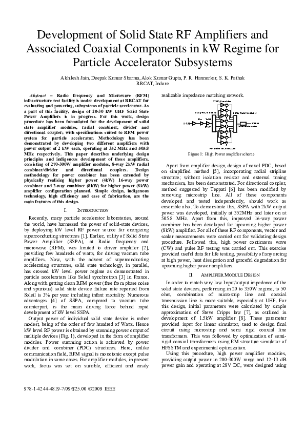 (PDF) Development of Solid State RF Amplifiers and associated coaxial components in kW regime ...