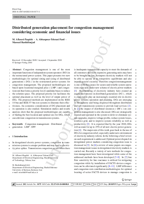 Pdf Distributed Generation Placement For Congestion Management Considering Economic And