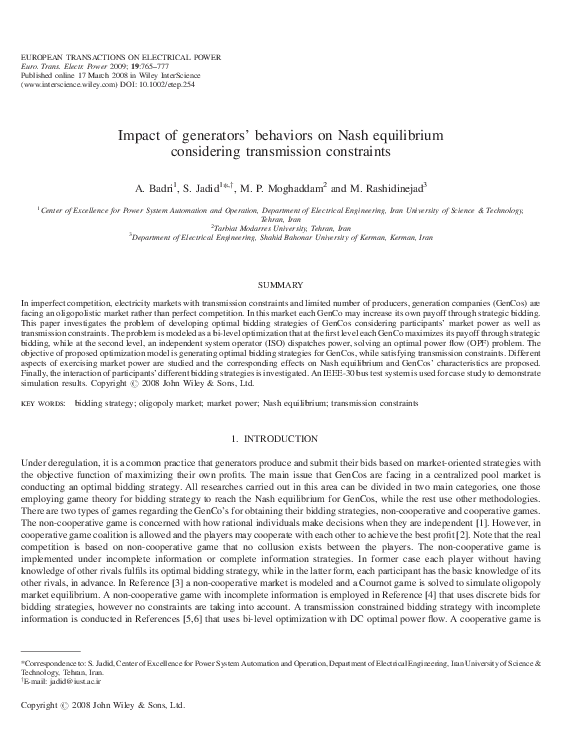 (PDF) Impact of generators' behaviors on Nash equilibrium considering transmission constraints ...