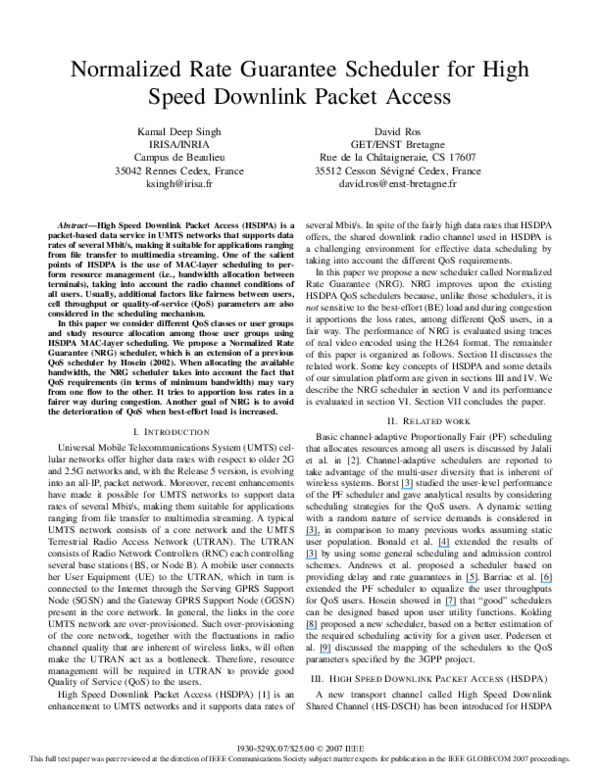 (PDF) Normalized Rate Guarantee Scheduler for High Speed Downlink Packet Access