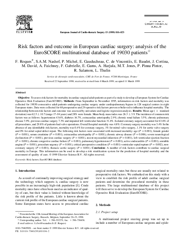 (PDF) Risk factors and outcome in European cardiac surgery: analysis of ...