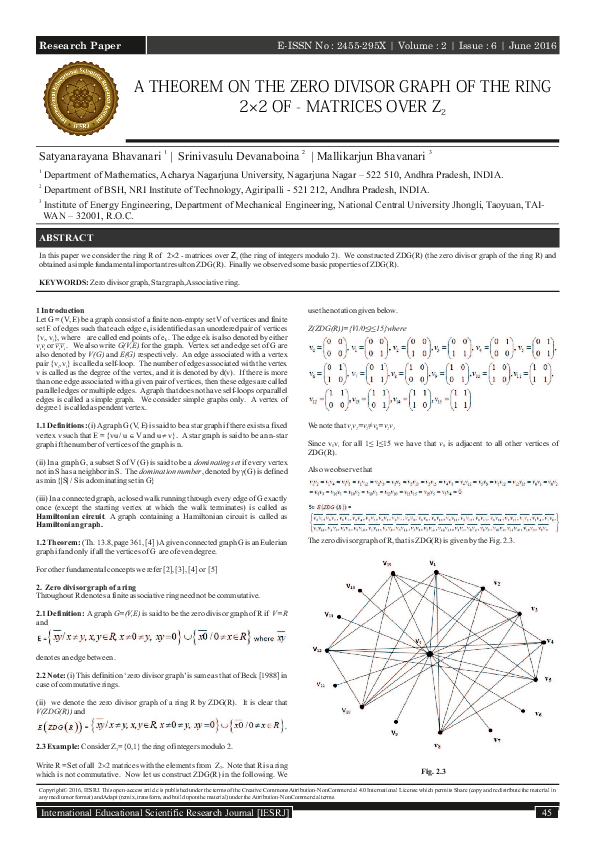 (PDF) A THEOREM ON THE ZERO DIVISOR GRAPH OF THE RING 2´2 OF - MATRICES OVER Z 2