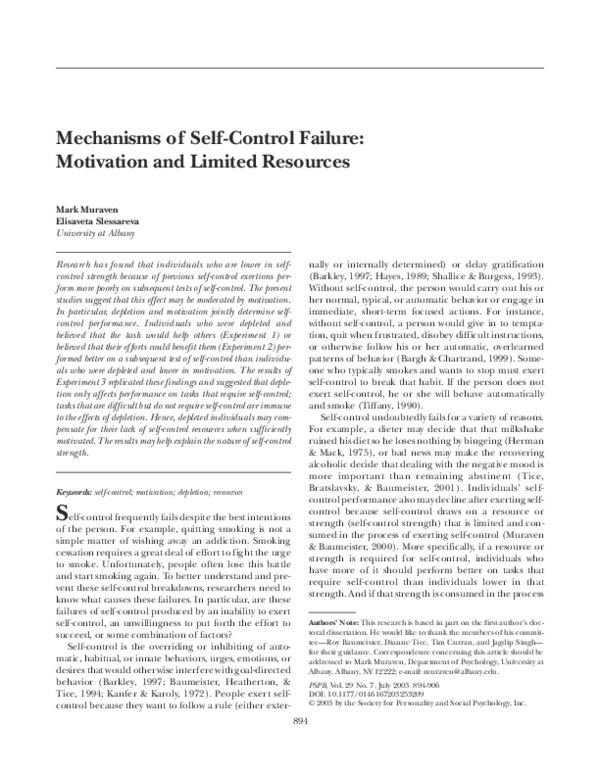 (PDF) Mechanisms of self-control failure: Motivation and limited resources
