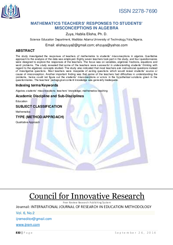 (PDF) Mathematics Teachers’ Responses to Students’ Misconceptions in Algebra