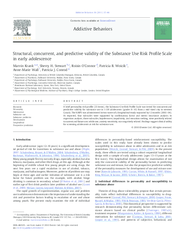(PDF) Structural, concurrent, and predictive validity of the Substance Use Risk Profile Scale in ...