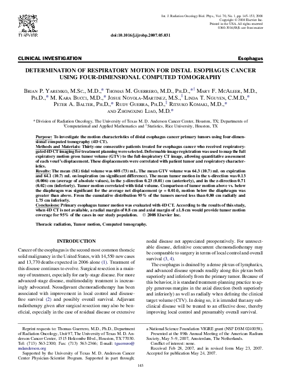 (PDF) Determination of Respiratory Motion for Distal Esophagus Cancer Using Four-Dimensional ...
