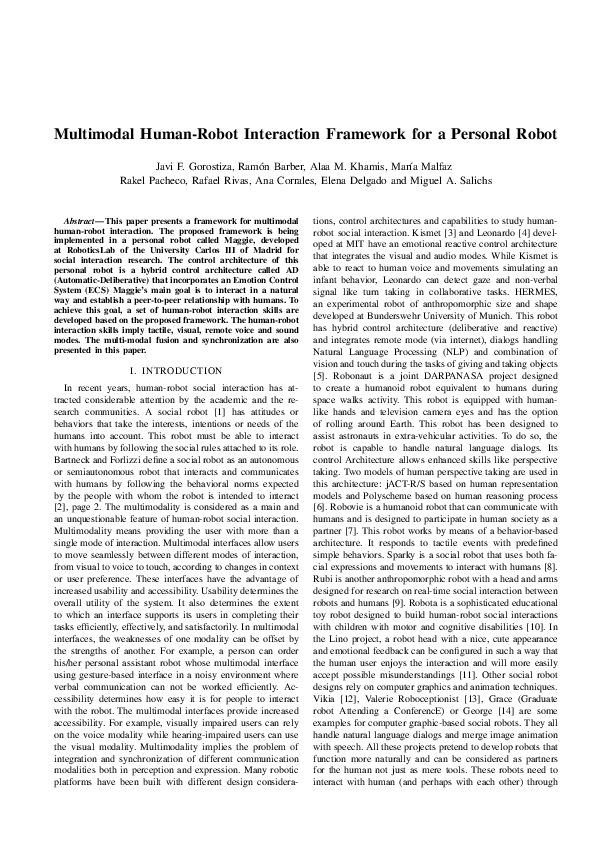 Pdf Multimodal Human Robot Interaction Framework For A Personal Robot