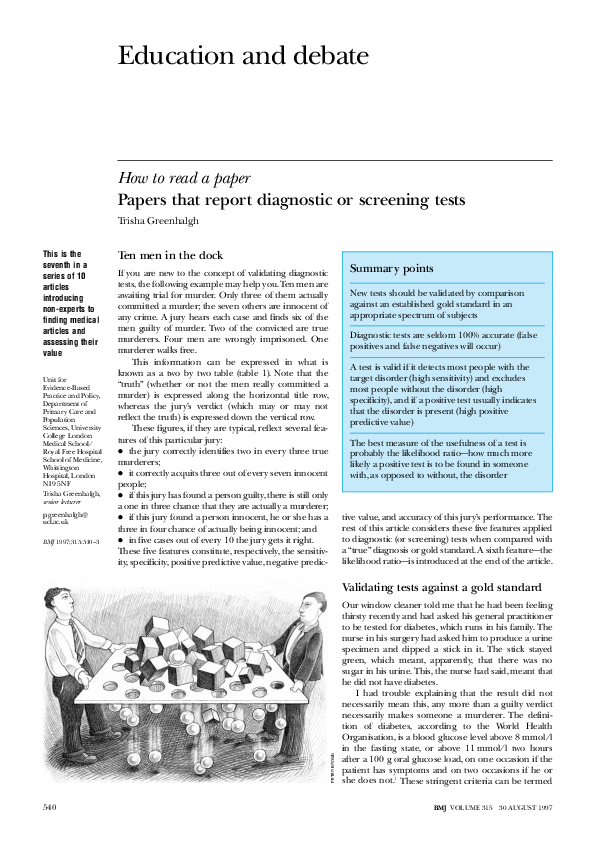 (PDF) How to read a paper: Papers that report diagnostic or screening tests