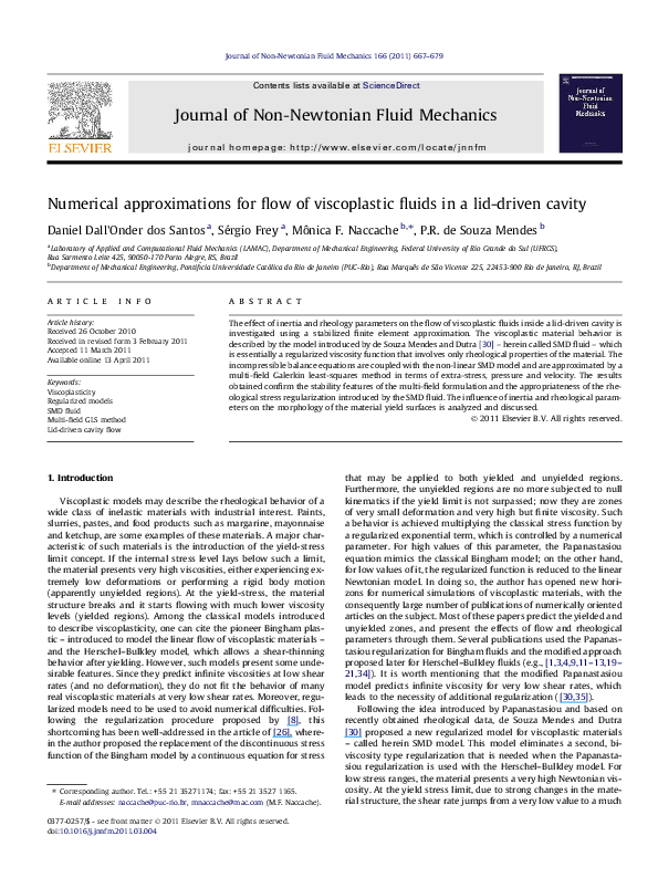 (PDF) Numerical approximations for flow of viscoplastic fluids in a lid-driven cavity