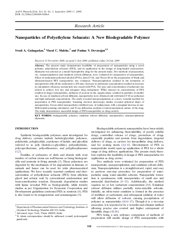 (PDF) Nanoparticles of Polyethylene Sebacate: A New Biodegradable Polymer