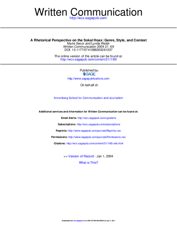 (PDF) A Rhetorical Perspective on the Sokal Hoax: Genre, Style, and Context