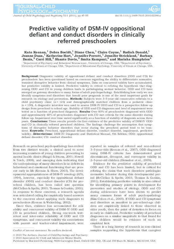 (PDF) Predictive validity of DSM-IV oppositional defiant and conduct disorders in clinically ...