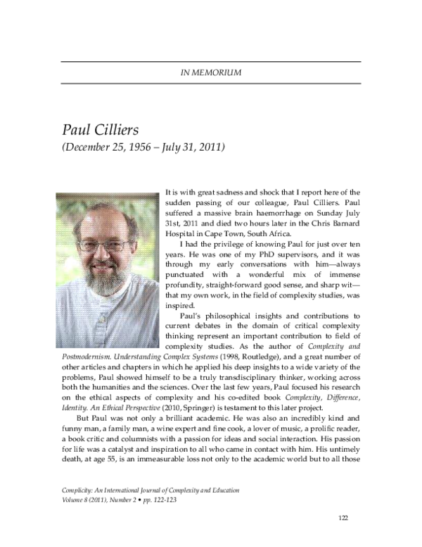 (PDF) Paul Cilliers, 1956-2011 | Deborah Osberg - Academia.edu