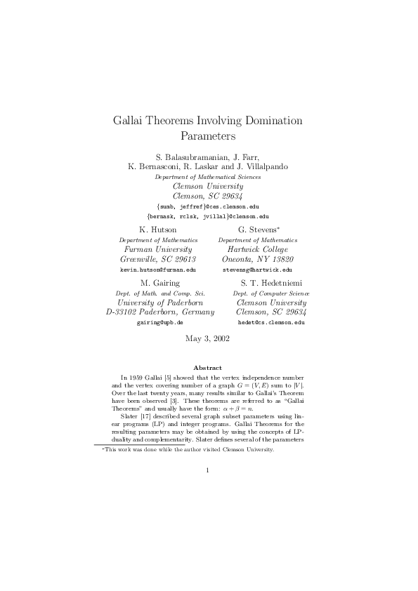 (PDF) Gallai theorems involving domination parameters | Kevin Hutson - Academia.edu