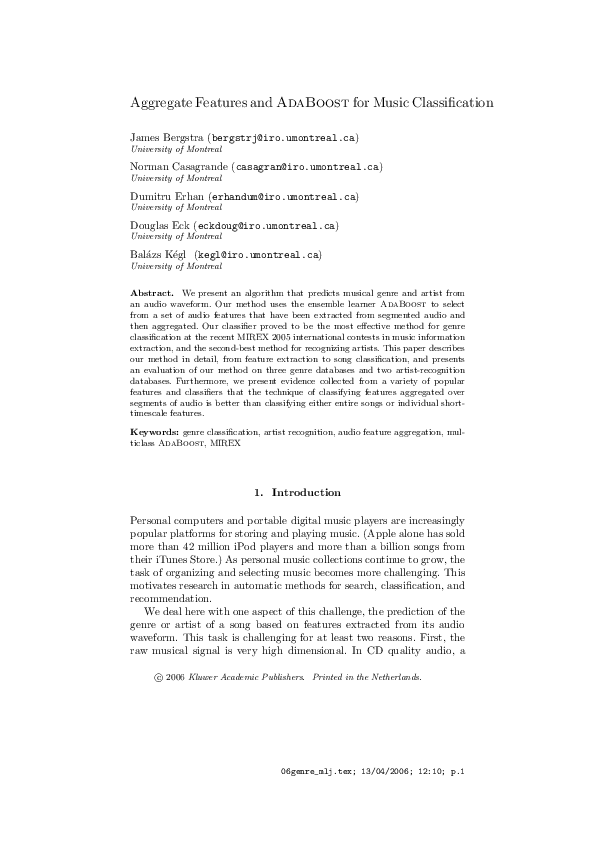 (PDF) Aggregate features and ADABOOST for music classification