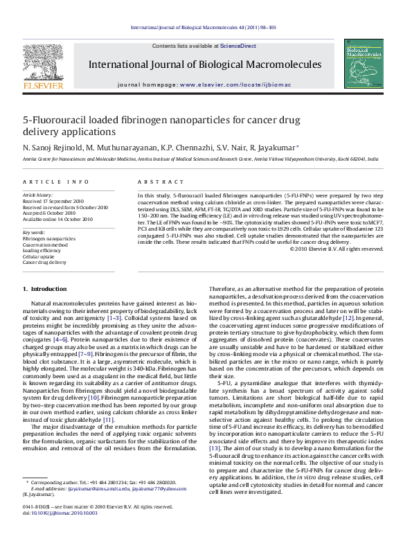 (PDF) 5Fluorouracil loaded fibrinogen nanoparticles for cancer drug ...