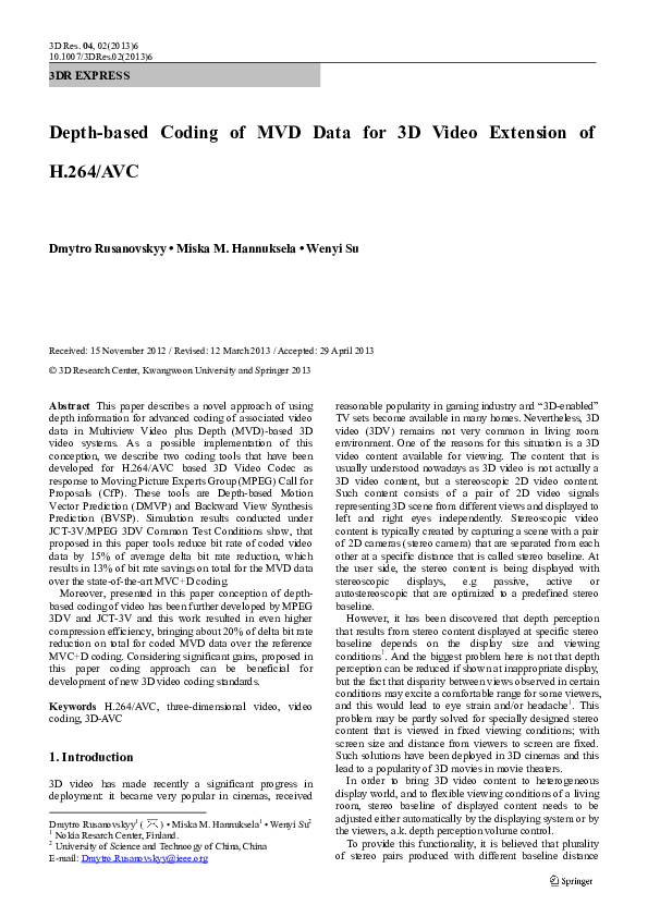 (PDF) Depth-based coding of MVD data for 3D video extension of H.264/AVC
