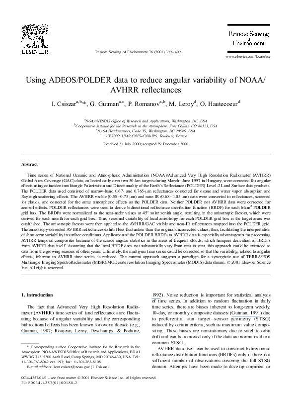 (PDF) Using ADEOS/POLDER data to reduce angular variability of NOAA/AVHRR reflectances