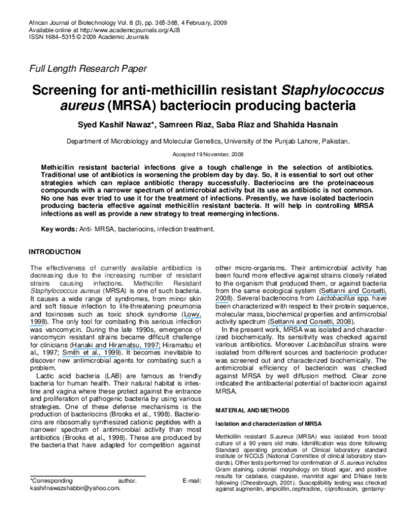 (PDF) Screening for anti-methicillin resistant Staphylococcus aureus (MRSA) bacteriocin ...