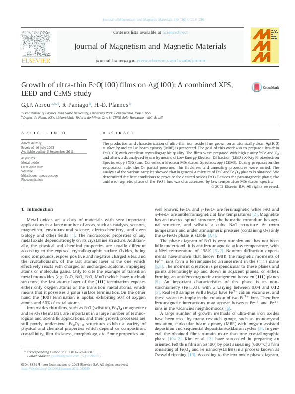 (PDF) Growth of ultra-thin FeO(100) films on Ag(100): A combined XPS ...