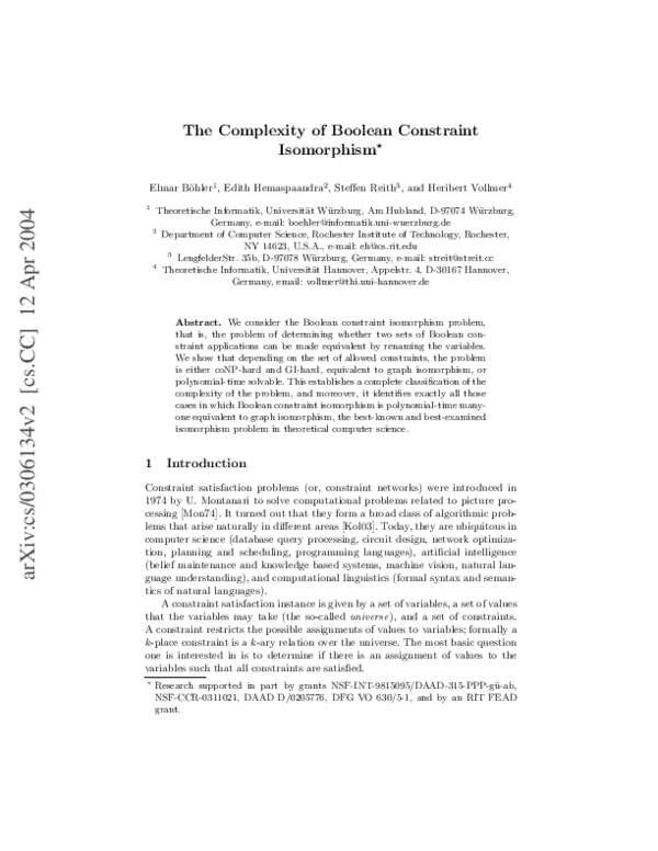 Pdf The Complexity Of Boolean Constraint Isomorphism Steffen Reith