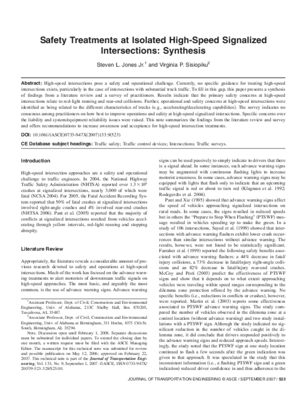 (PDF) Safety Treatments at Isolated High-Speed Signalized Intersections: Synthesis