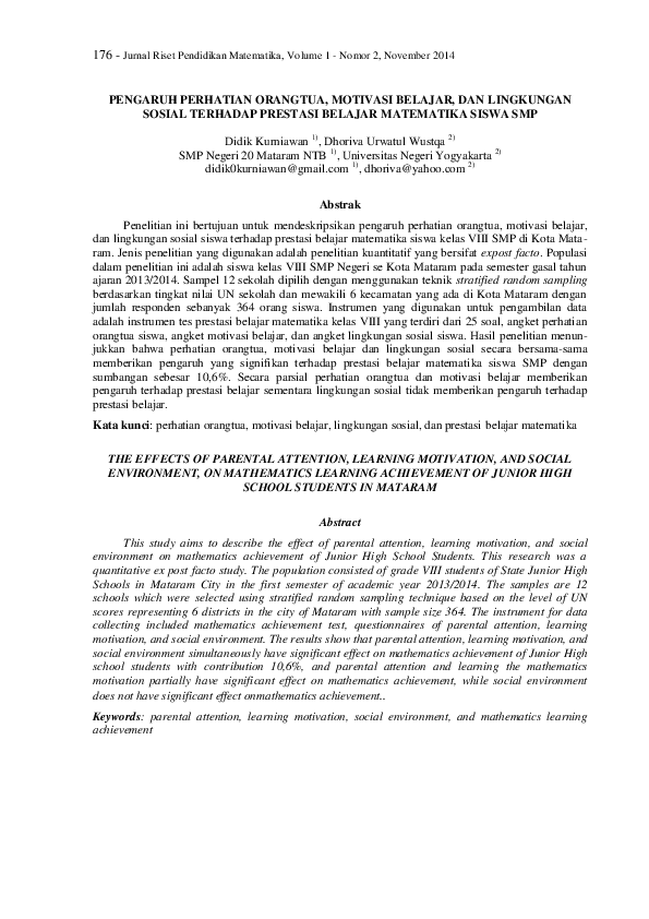 (PDF) Pengaruh Perhatian Orangtua, Motivasi Belajar, Dan Lingkungan Sosial Terhadap Prestasi ...