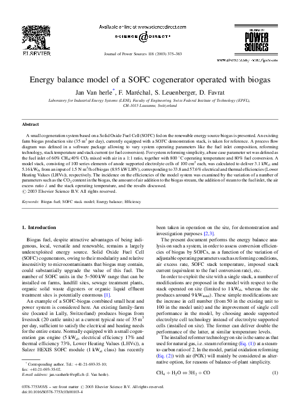 (PDF) Energy balance model of a SOFC cogenerator operated with biogas