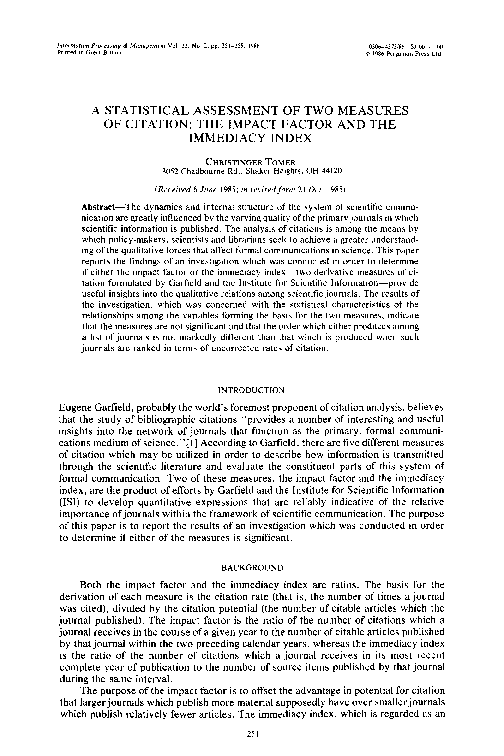 (PDF) A statistical assessment of two measures of citation: The impact ...