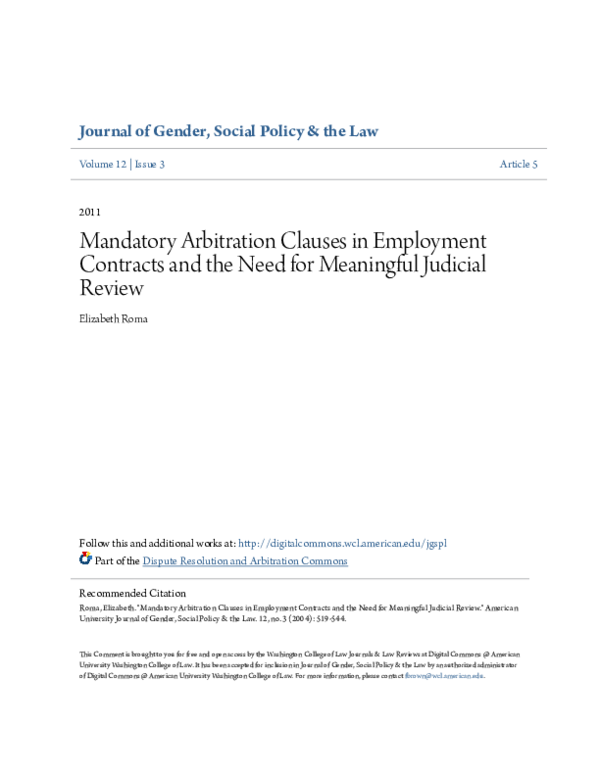 (PDF) Mandatory Arbitration Clauses in Employment Contracts and the ...