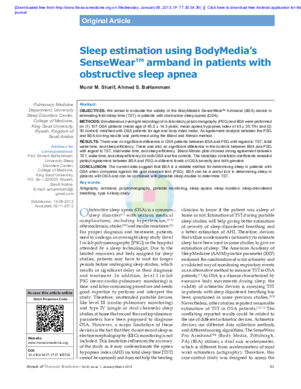 (PDF) Sleep estimation using BodyMedia's SenseWear™ armband in patients ...