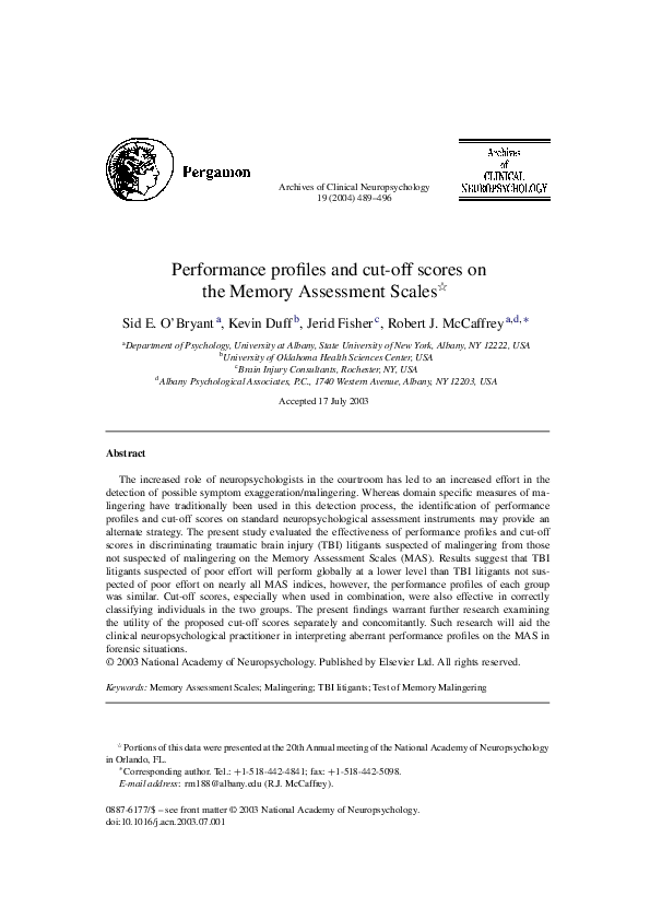 (PDF) Performance profiles and cut-off scores on the Memory Assessment ...