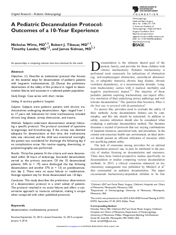 (PDF) A Pediatric Decannulation Protocol