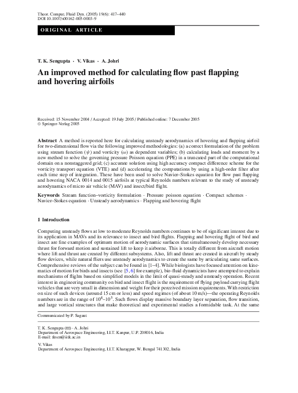 Pdf An Improved Method For Calculating Flow Past Flapping And Hovering Airfoils