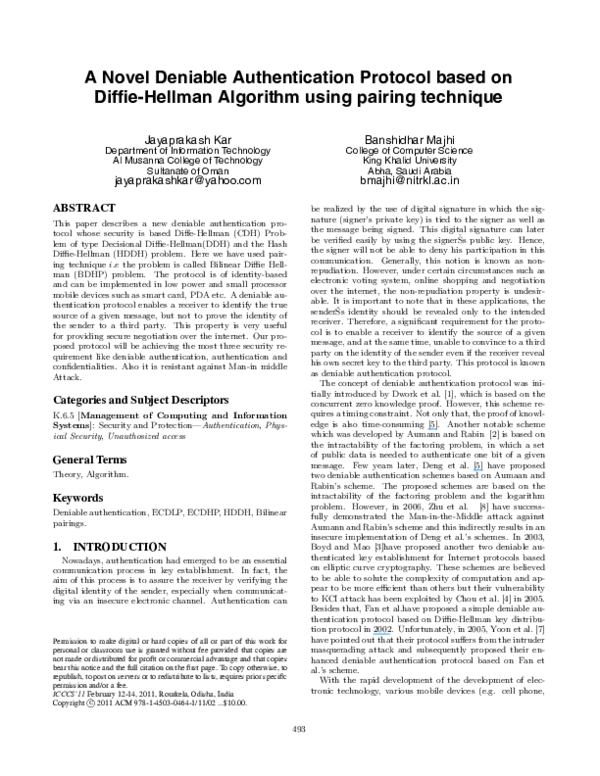 Pdf A Novel Deniable Authentication Protocol Based On Diffie Hellman Algorithm Using Pairing