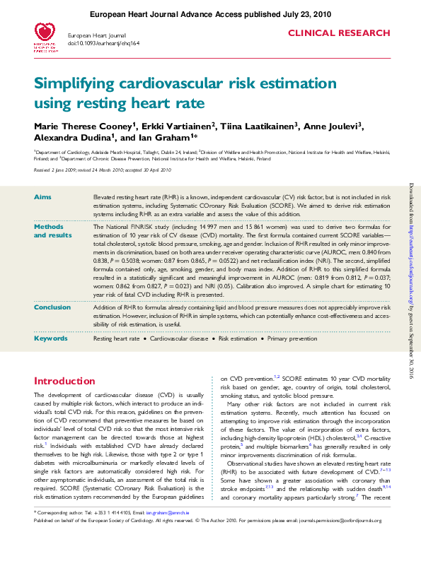 (PDF) Simplifying cardiovascular risk estimation using resting heart rate