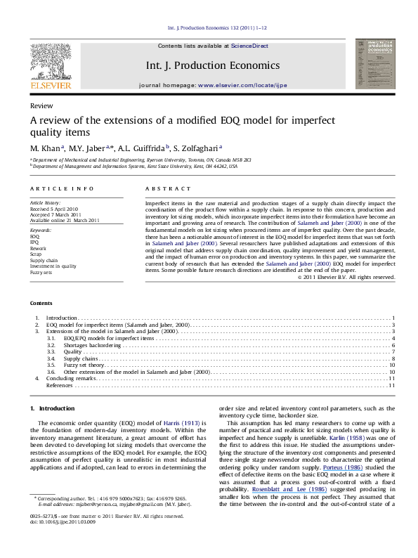 (PDF) A review of the extensions of a modified EOQ model for imperfect quality items