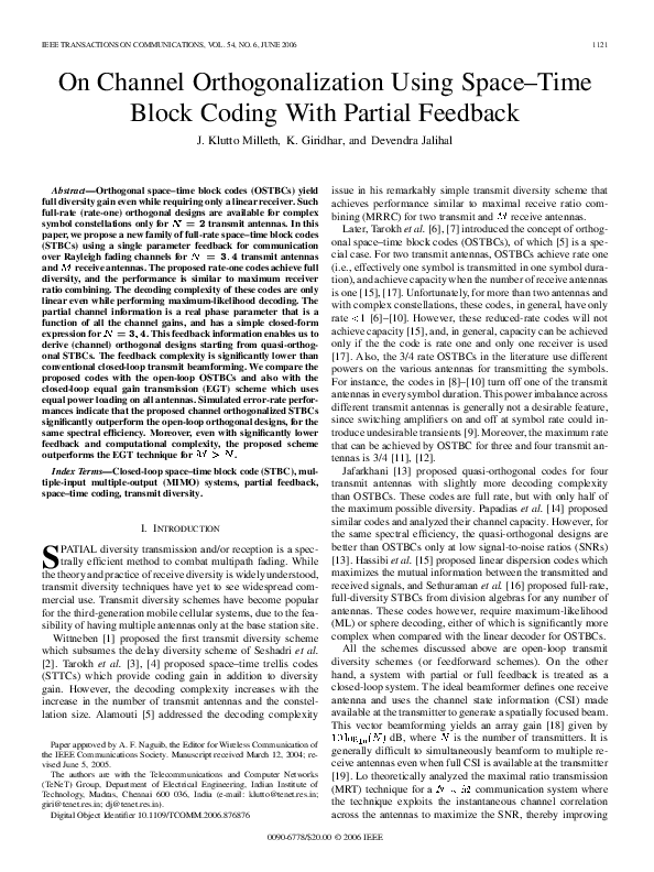 (PDF) On channel orthogonalization using space-time block coding with partial feedback