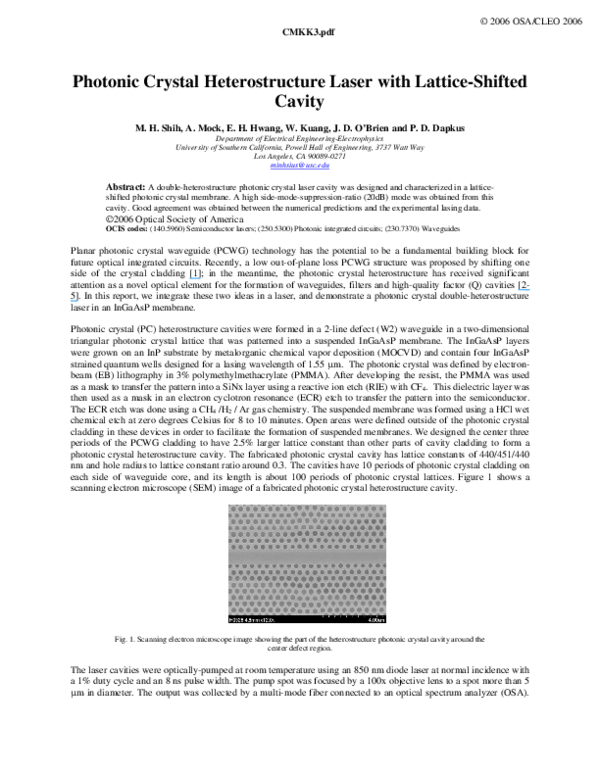 (PDF) Photonic crystal heterostructure laser with lattice-shifted cavity