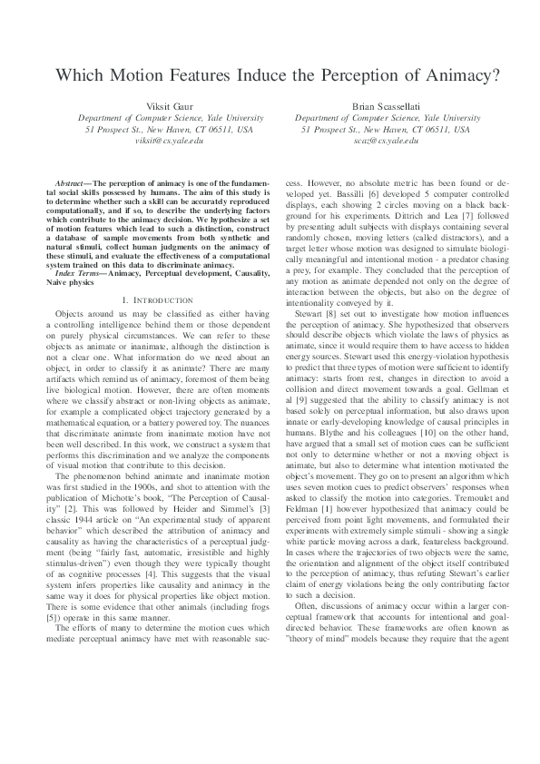 (PDF) Which Motion Features Induce the Perception of Animacy