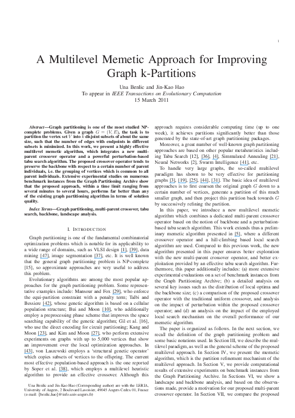 Pdf A Multilevel Memetic Approach For Improving Graph K Partitions