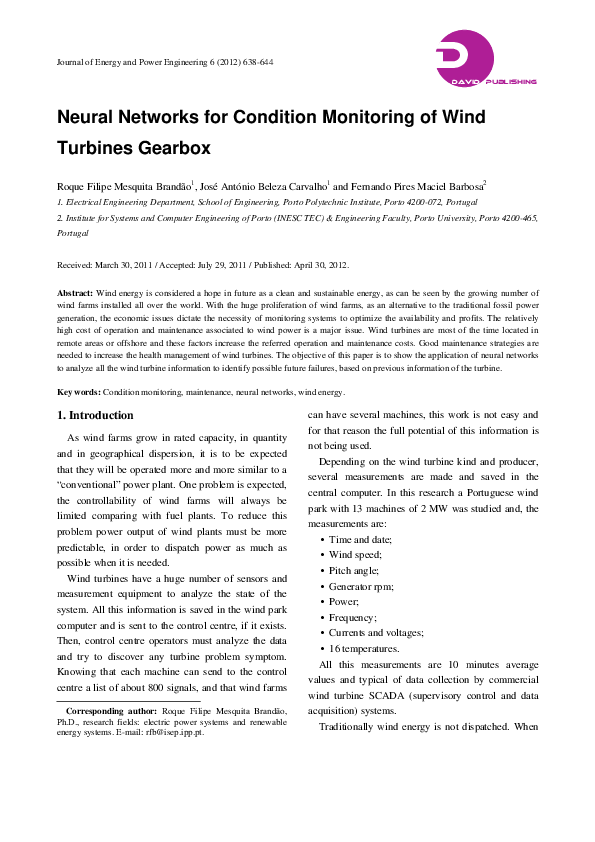(PDF) Neural networks for condition monitoring of wind turbines gearbox
