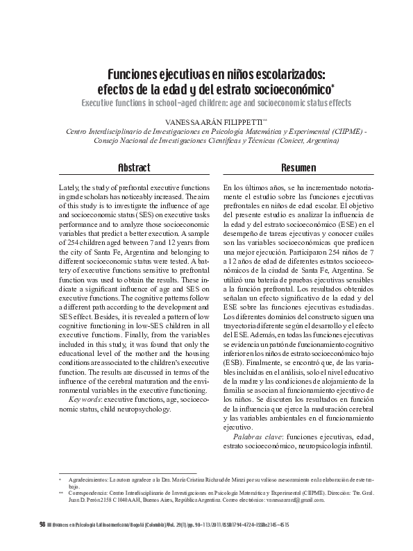 (PDF) Executive functions in school-aged children: age and socioeconomic status effects