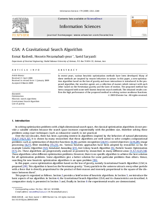 (PDF) GSA: A Gravitational Search Algorithm