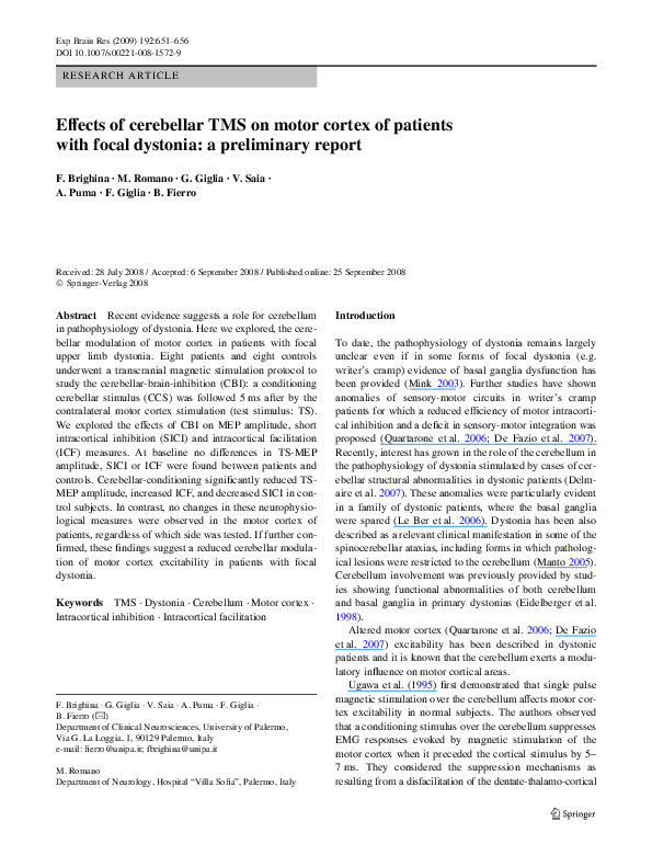 (PDF) Effects of cerebellar TMS on motor cortex of patients with focal ...
