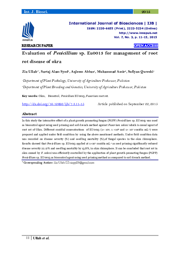 (PDF) Evaluation of Penicillium sp. Eu0013 for management of Root rot ...