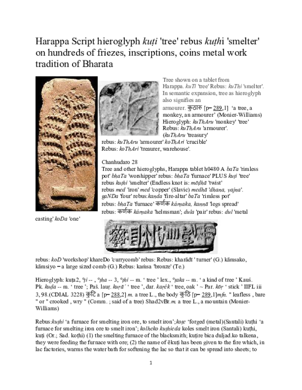 (PDF) Harappa Script hieroglyph kuṭi 'tree' rebus kuṭhi 'smelter' on ...