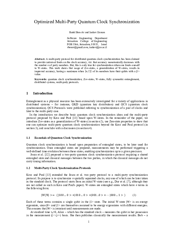 Pdf Optimized Multiparty Quantum Clock Synchronization