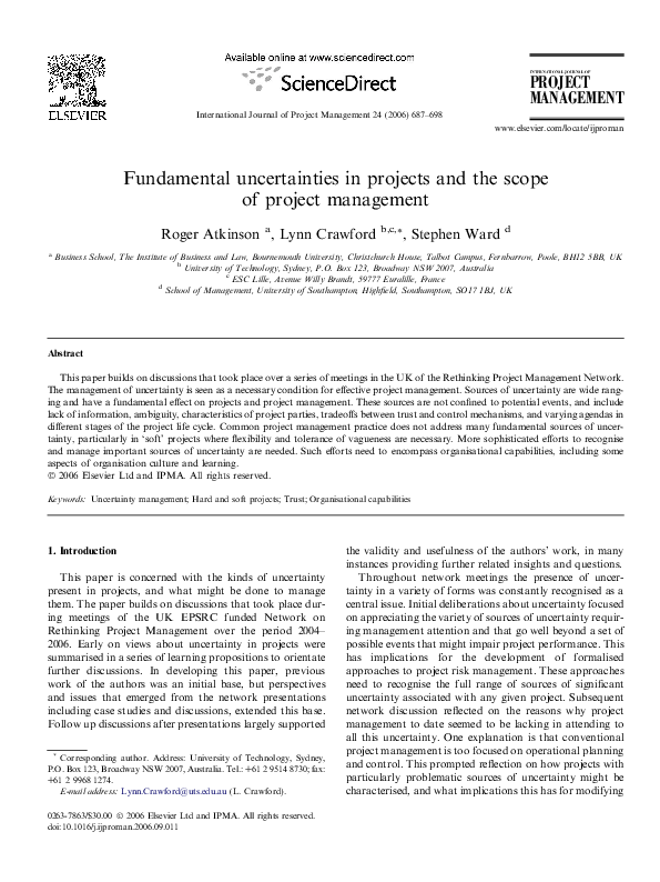 (PDF) Fundamental uncertainties in projects and the scope of project ...
