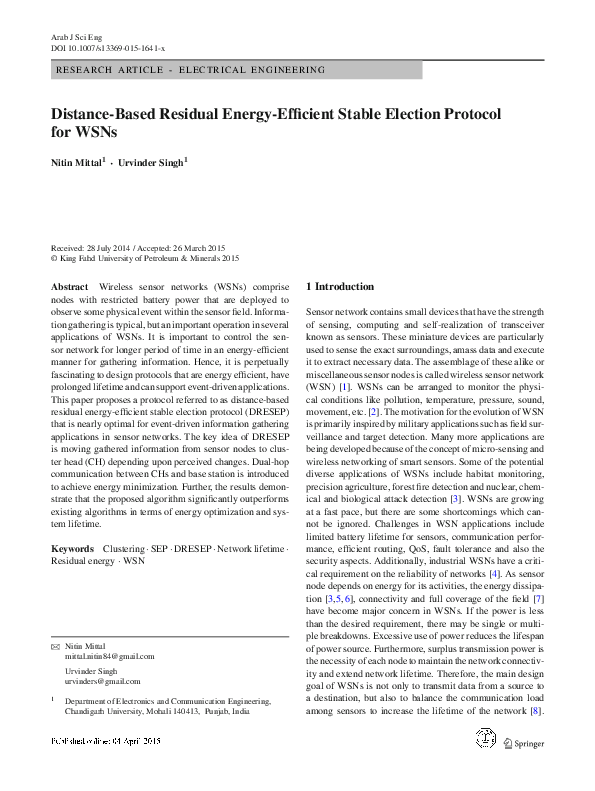 (PDF) Distance-Based Residual Energy-Efficient Stable Election Protocol for WSNs